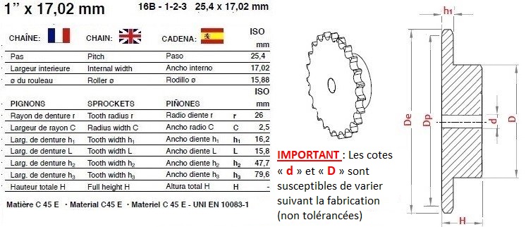 PIGNON SIMPLE - 16B1 - Pas de 25.4 mm